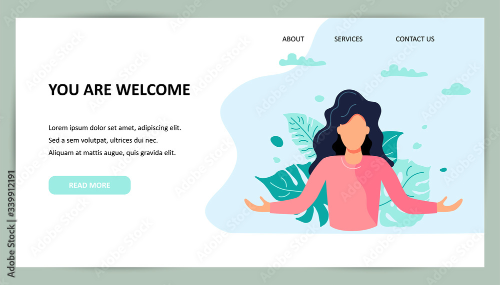 Welcome, meeting concept. Female opens her hands. Place for text. Flat ...