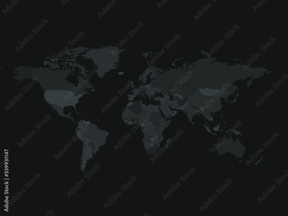 High detailed world map in greys colors on dark grey background ...