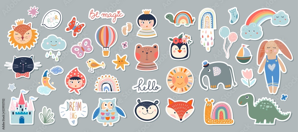 Kids stickers/badges collection with different cute elements Stock ...