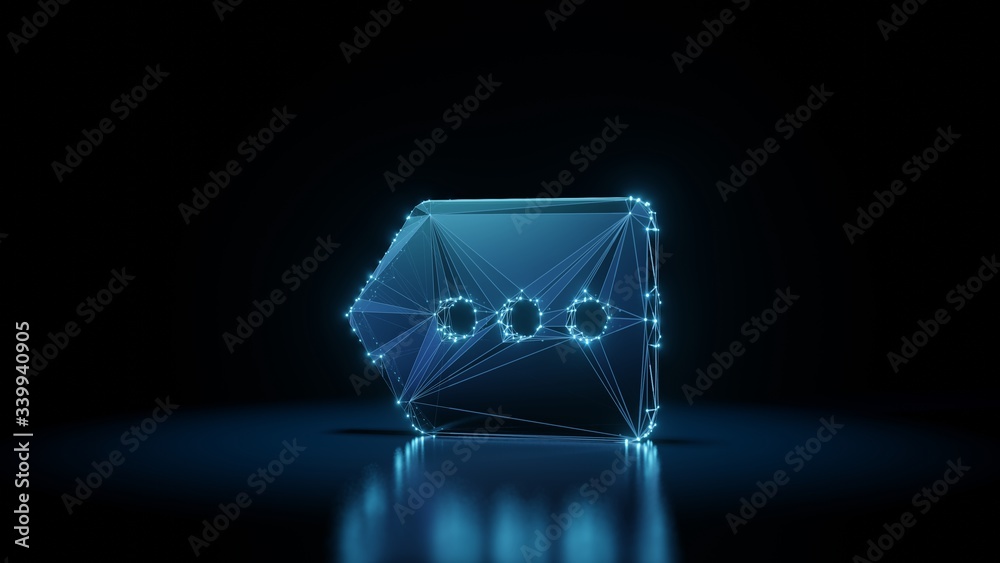 3d rendering wireframe neon glowing symbol of left arrow on black ...