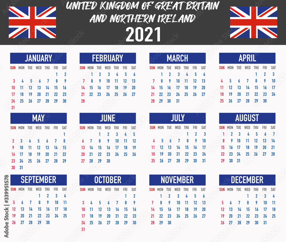 United Kingdom of Great Britain,England, UK Calendar with flag. Month ...