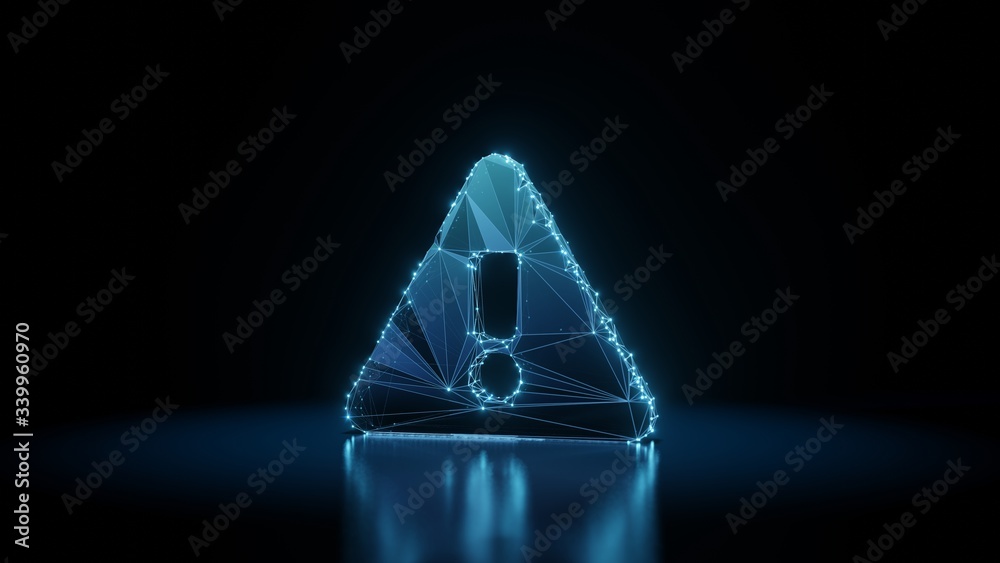 3d rendering wireframe neon glowing symbol of exclamation triangle on black background with ...