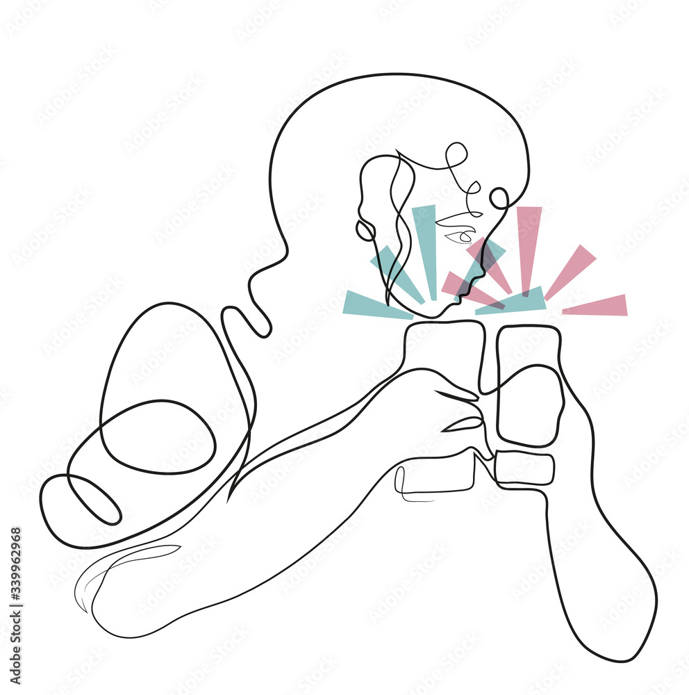 One continuous line drawing of tired woman holding double smartphone ...