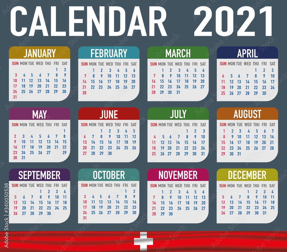 Switzerland Calendar with flag. Month, day, week. Simply flat design ...