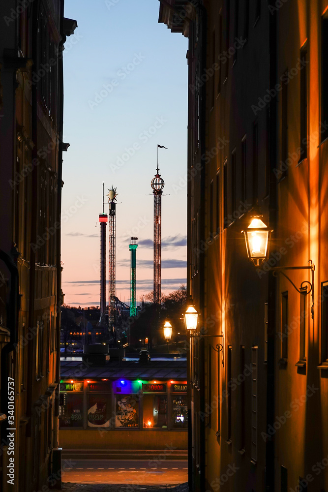 Stockholm, Sweden The Old Town or Gamla Stan at dawn and an alley ...