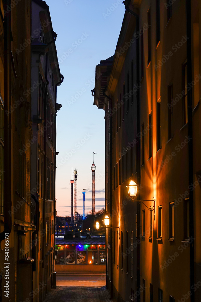 Stockholm, Sweden The Old Town or Gamla Stan at dawn and an alley ...