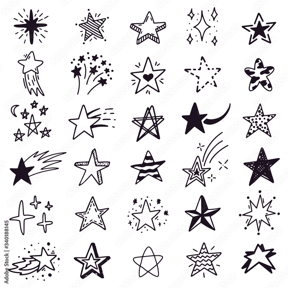 Hand drawn star sketch. Doodle stars sketch, drawing ink starburst and ...