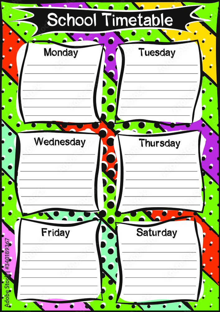 Bright template of a school schedule for 6 days of the week for ...