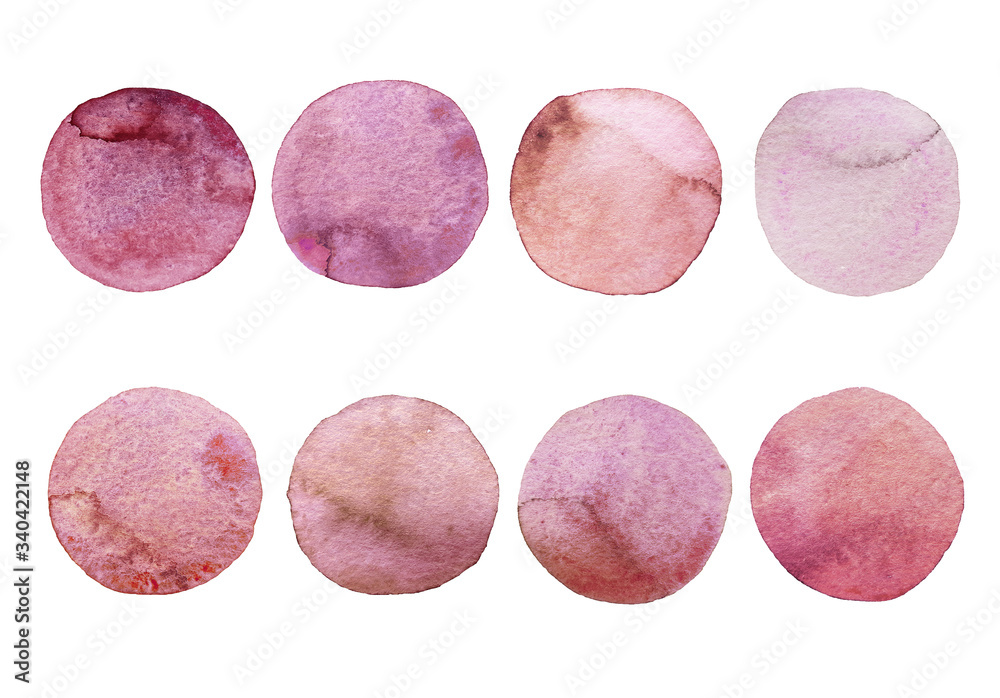 Set of pink and blush watercolor circles. Hand painted Spots on white ...