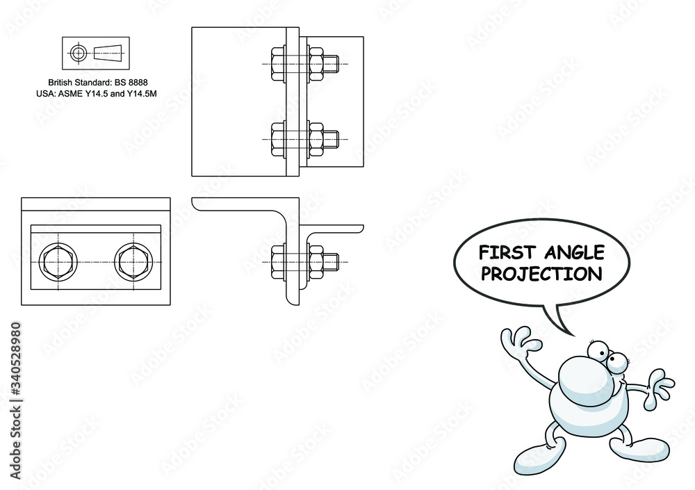 Monochrome example of engineering First angle orthographic projection ...