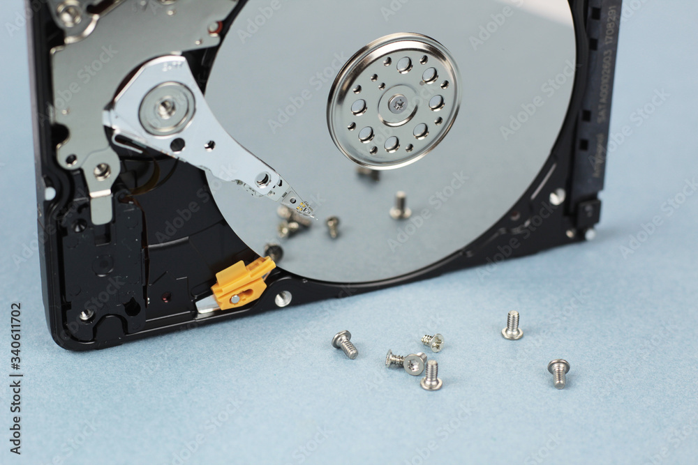 Elements of the inside of a computer hard drive. Side view. Blue ...