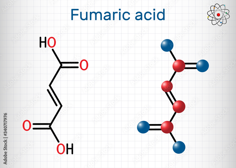Fumaric acid, C4H4O4, molecule. It is unsaturated dicarboxylic acid ...