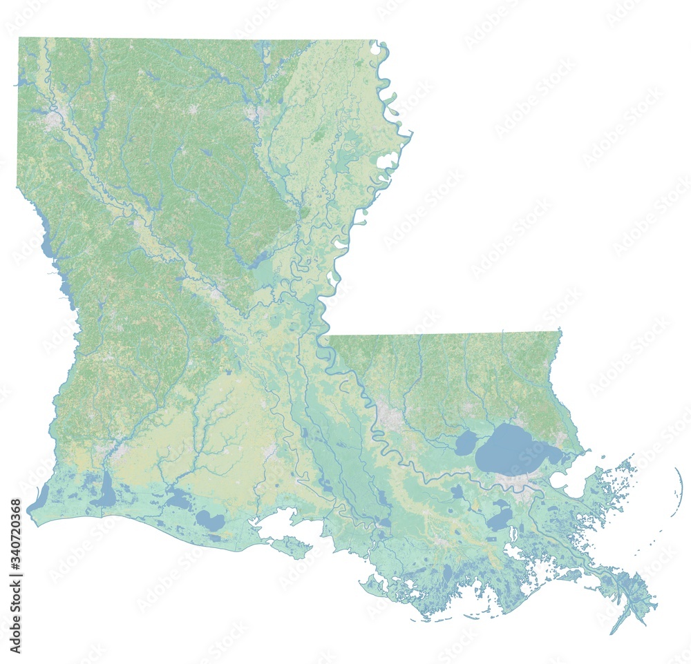 High resolution topographic map of Louisiana with land cover, rivers ...