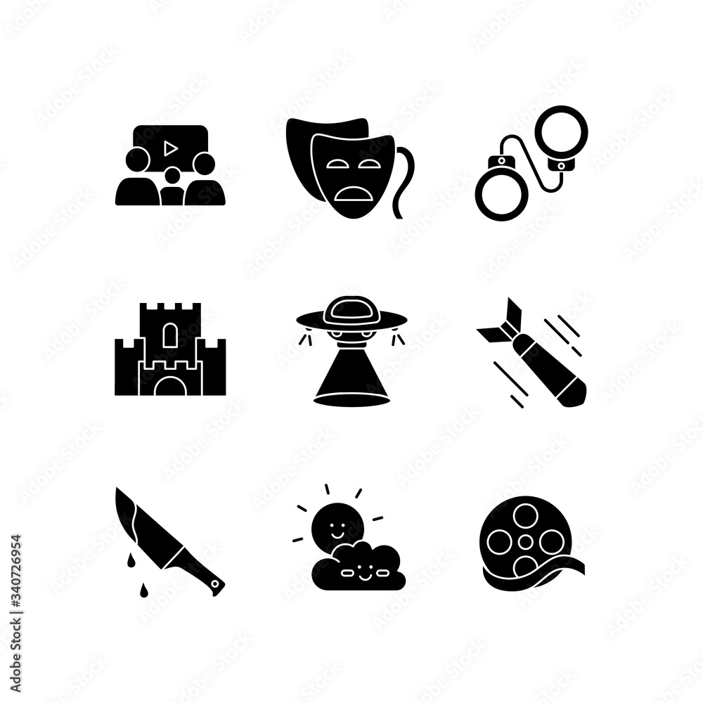 Movie categories black glyph icons set on white space. Different film ...
