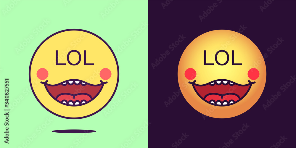Emoji face icon with phrase Lol. Laughing emoticon with text Lol. Set ...