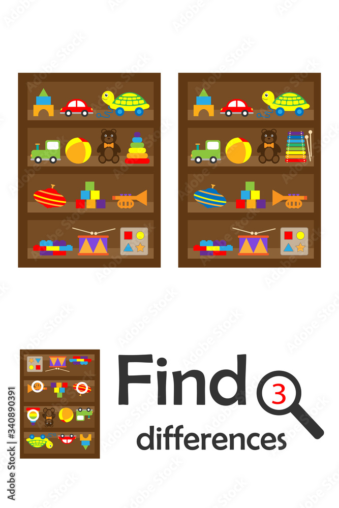 Find 3 differences, game for children, shelves with toys in cartoon ...