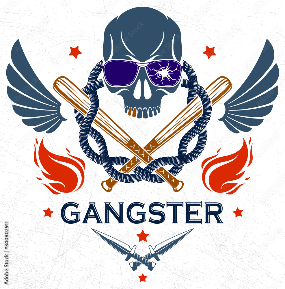 Gang brutal criminal emblem or logo with aggressive skull baseball bats ...