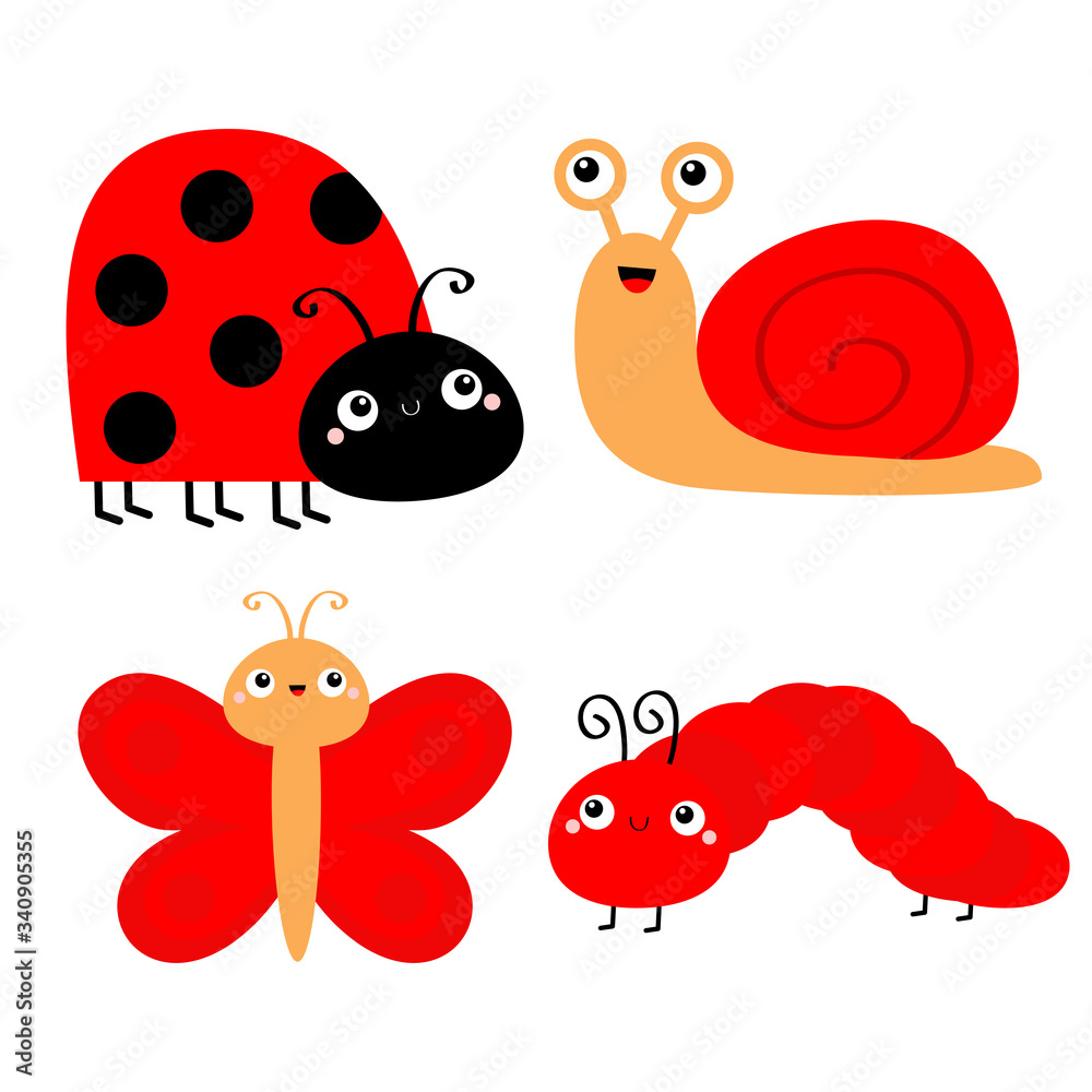 Red insect icon set. Butterfly, caterpillar, ladybug, ladybird, snail ...