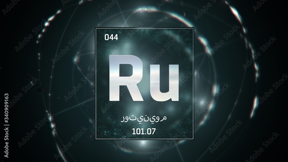 3D illustration of Ruthenium as Element 44 of the Periodic Table. Green ...