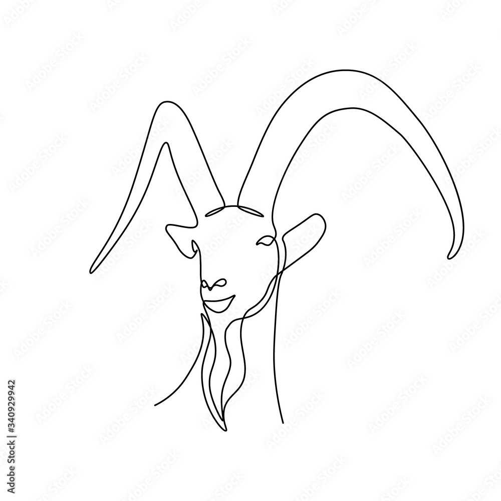 Ibex head in continuous line art drawing style. Capricorn minimalist ...