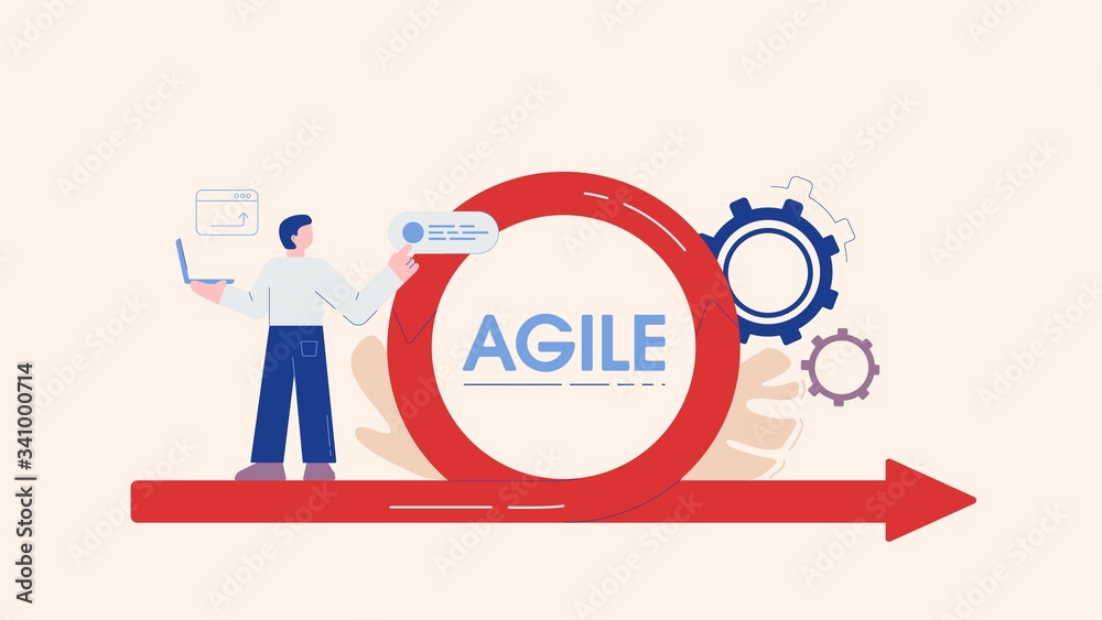 Cartoon male engineer with laptop working on scrum development life ...