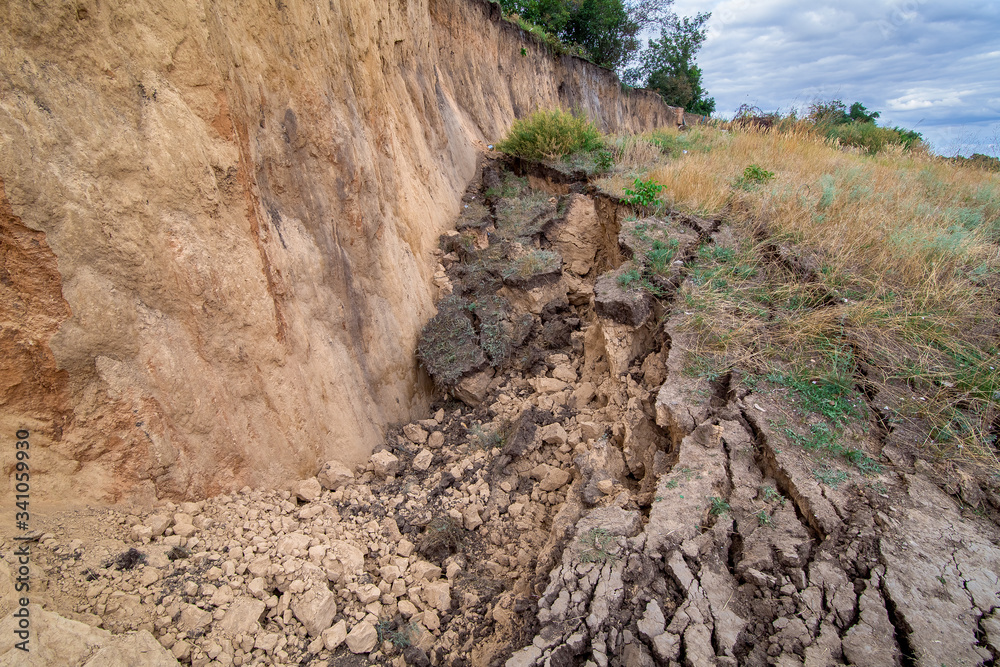ecological disaster landslide of clay soil after an earthquake, a close ...
