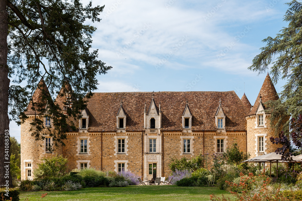 Medieval french chateau surrounded beautiful garden and greenery. Old ...