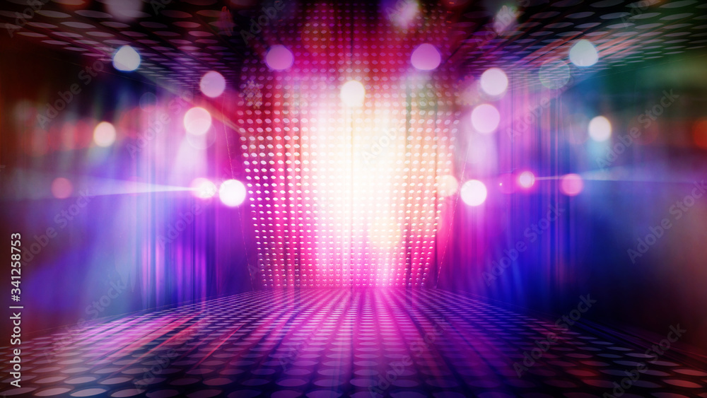 blurred empty theater stage with fun colourful spotlights, abstract ...