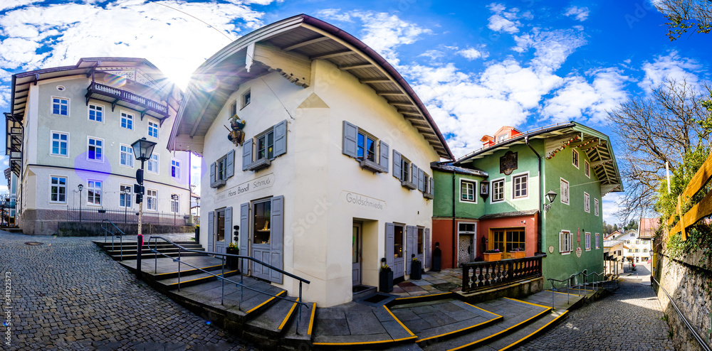 Miesbach, Germany - April 12: typical historic bavarian buildings at ...