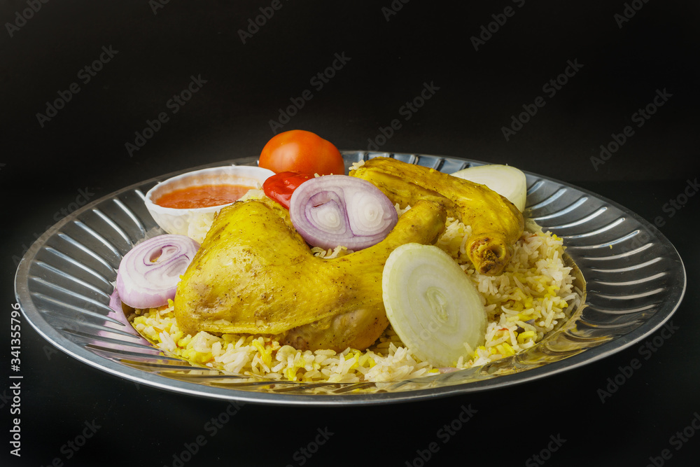 arabic chicken mandi rice on black background Stock Photo | Adobe Stock