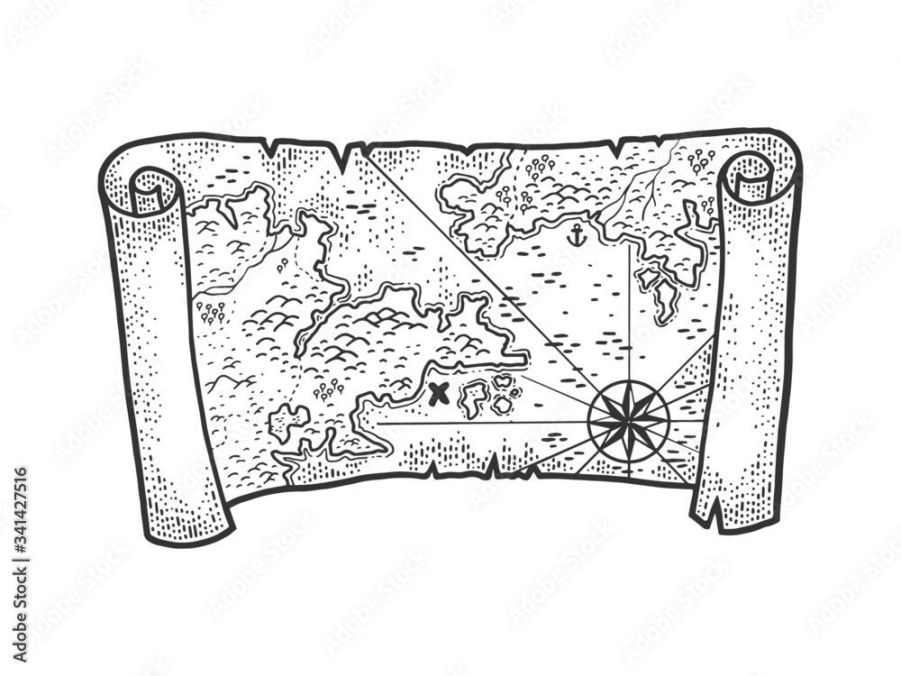 ancient medieval map of sailors sketch engraving vector illustration. T ...