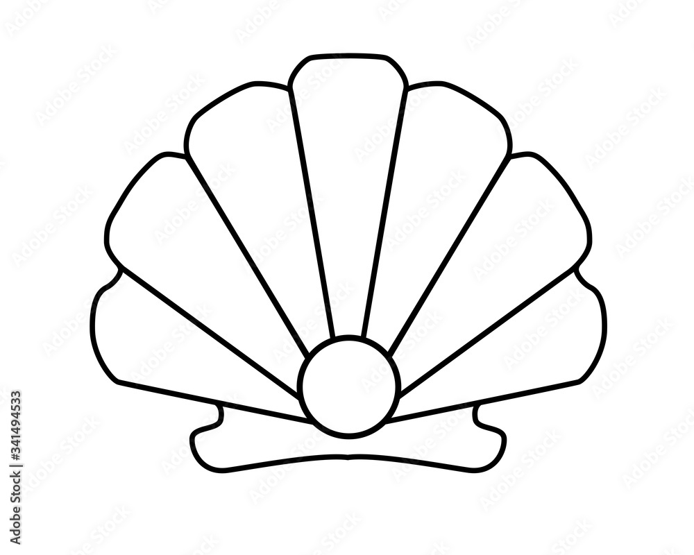 Scallop shell with a pearl - vector linear picture for coloring ...