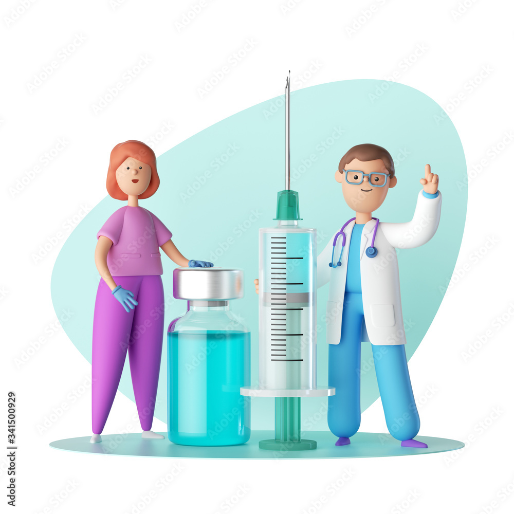 3d render. Cartoon characters doctor and nurse near the big syringe ...