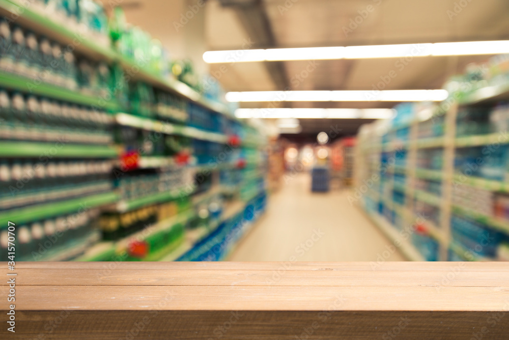 Supermarket background, Counter over blur grocery background, Wooden ...