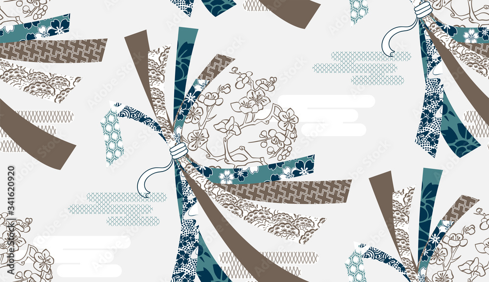 ribbon traditional geometric kimono seamless pattern vector sketch ...
