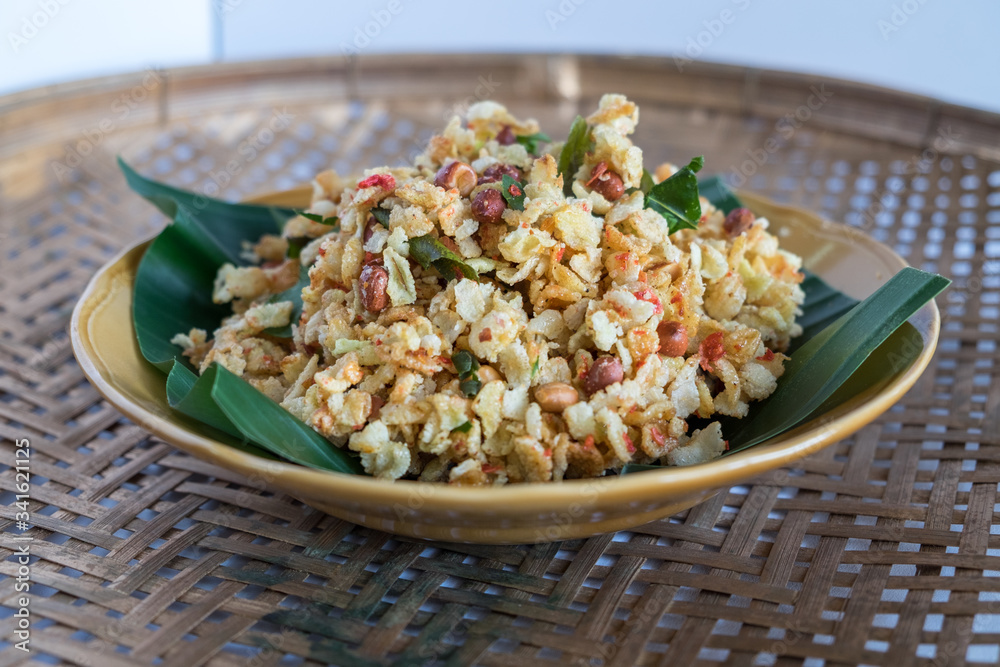 "Khao Mao Mee", Tom yum flavour, Thai Crispy fried pounded unripe rice ...