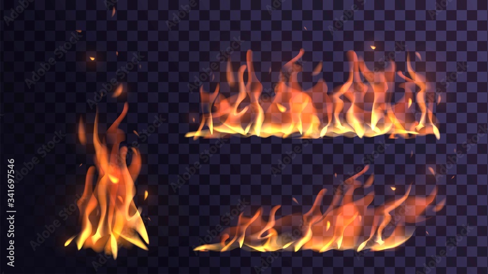 Vector set flame and bonfire on a transparent background, orange fire ...