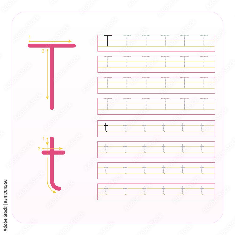 Writing practice letter T printable, kindergarten kids to improve basic ...
