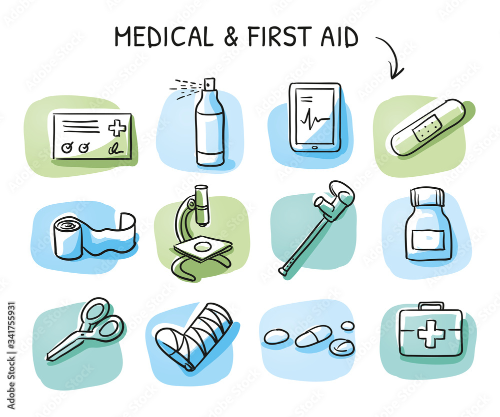 Set of different medical icons of wound care and treatments for medical ...