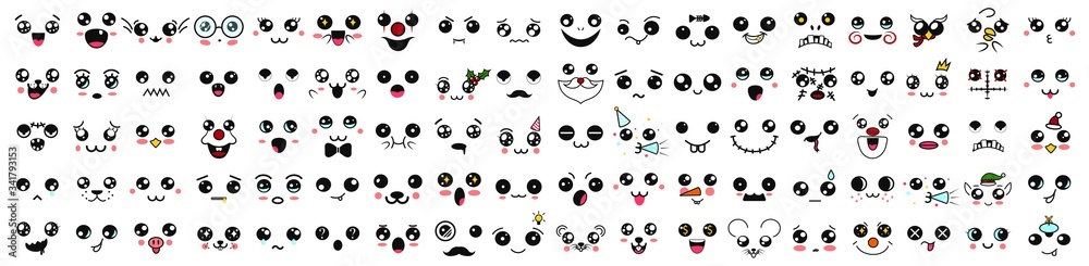 Kawaii cute faces with round eyes big set. Manga style eyes and mouths ...