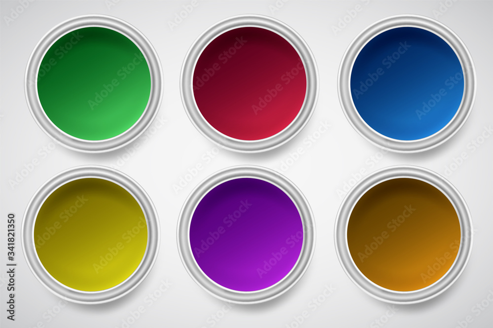 Vector liquid paint metallic buckets top view set isolated on white ...