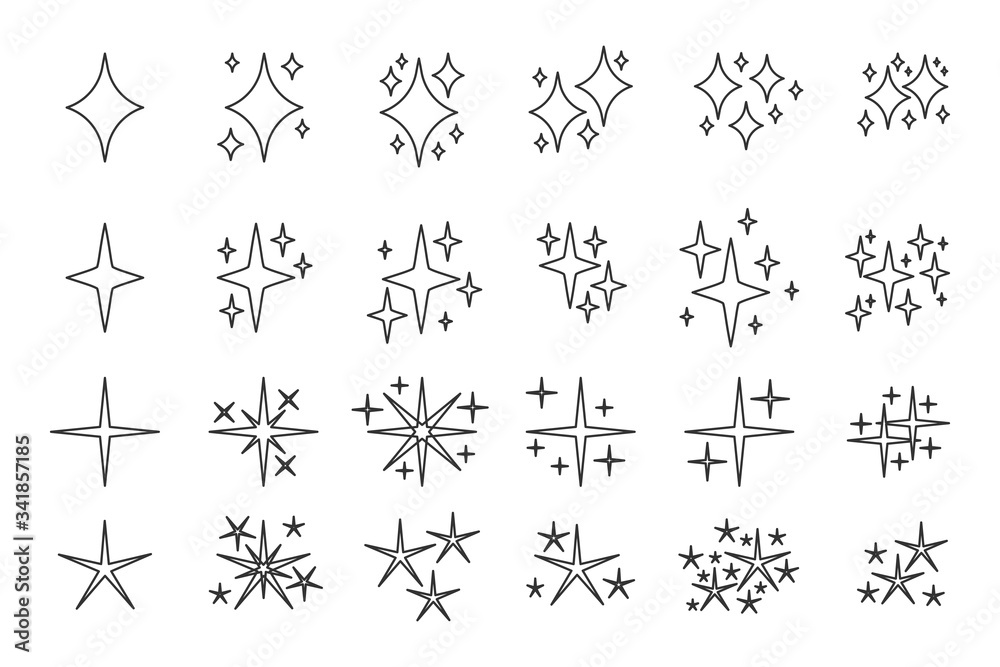 Black line symbols sparkles icon set. Empty outline decorative twinkle ...