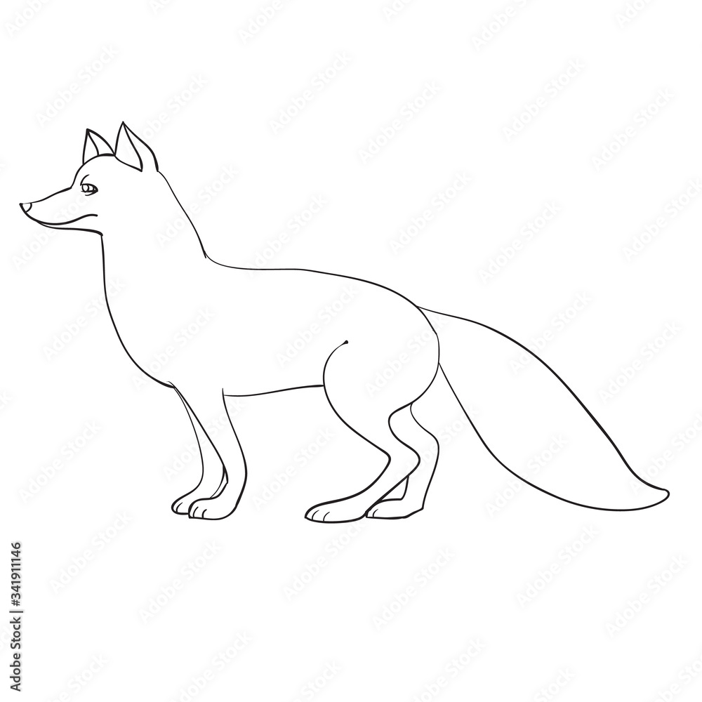 fox in natural style stands on four legs sideways, outline drawing ...