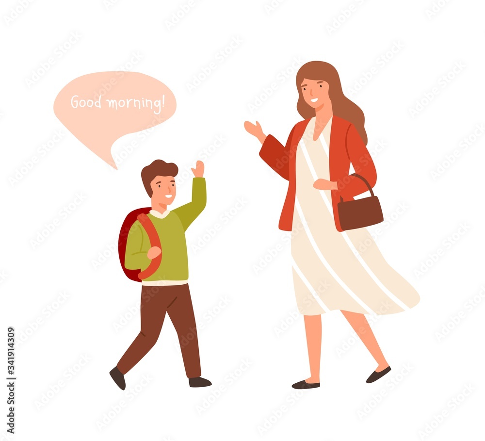 Smiling cartoon well mannered boy greeting adult woman vector flat ...