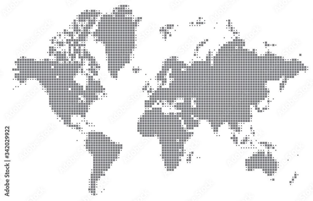 Vector of the world map in a pixel art style. Map with light medical ...