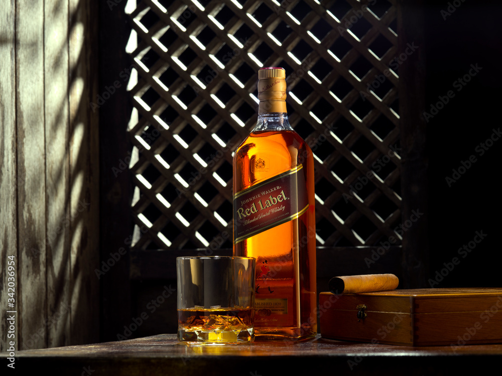 Phuket, Thailand- March 2020. Johnnie Walker Red Label blended whisky ...
