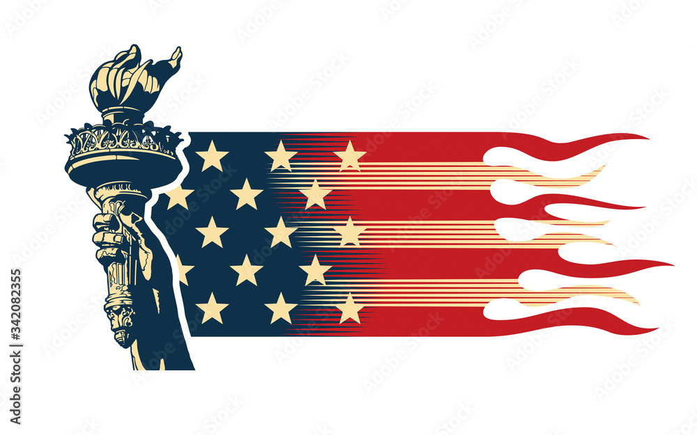 USA patriotic concept with statue of Liberty torch and American flag ...