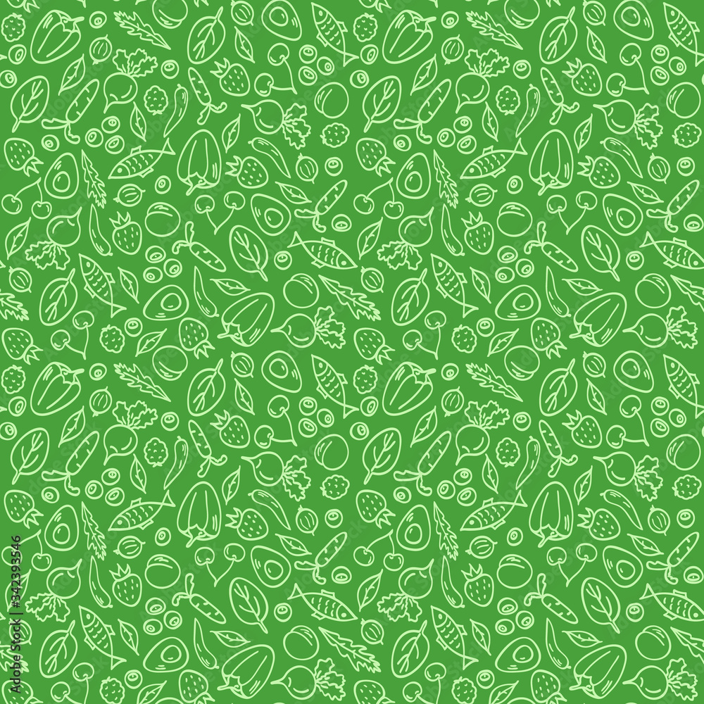 Healthy food seamless pattern. Drawings of vegetables, fruits, fish in ...