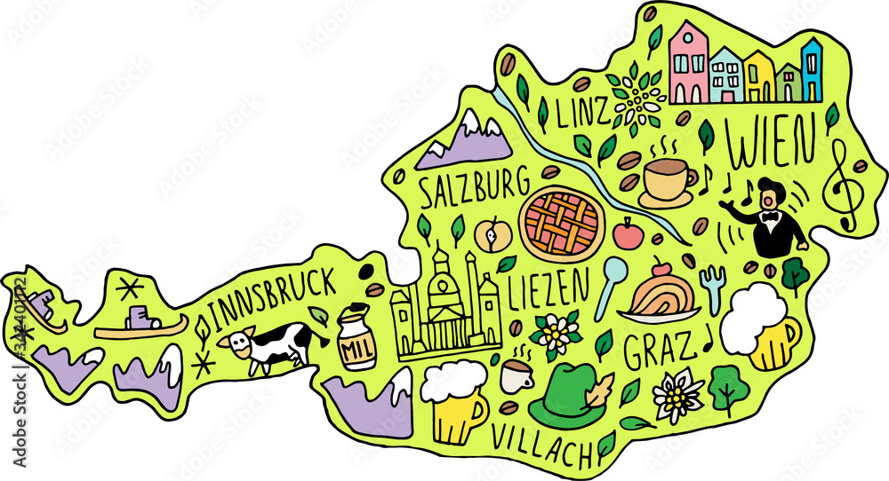 Colored Funny hand drawn doodle map of Austria. names of main cities ...