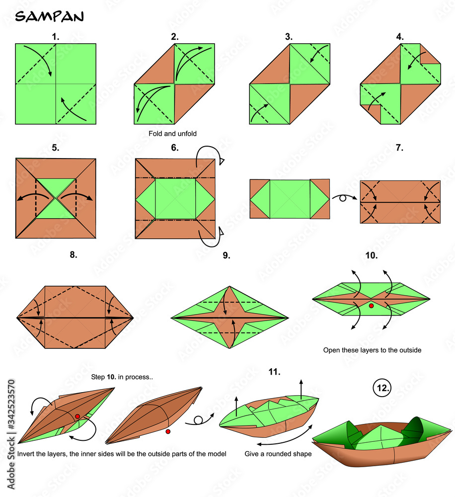 Origami ship diagram chinese boat sampan instructions Stock ...